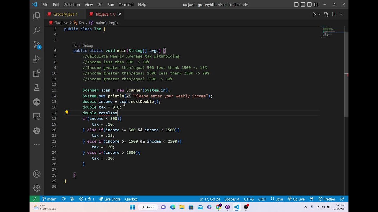 beginner java program | grocery calculator | tax withholding calculator