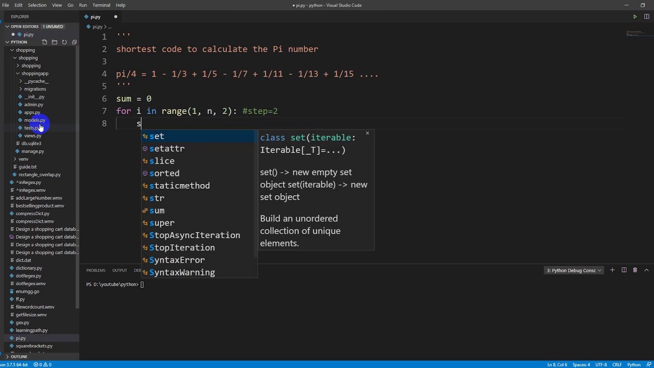 Shortest code to calculate the Pi number in Python