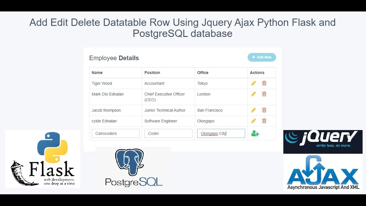 Add Edit Delete Datatable Row Using Jquery Ajax Python Flask and PostgreSQL database