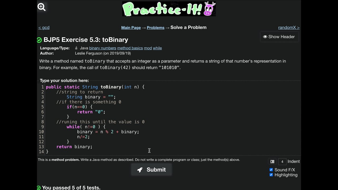 Java Practice It | Exercise 5.3: toBinary | binary numbers, method basics, mod, while loops