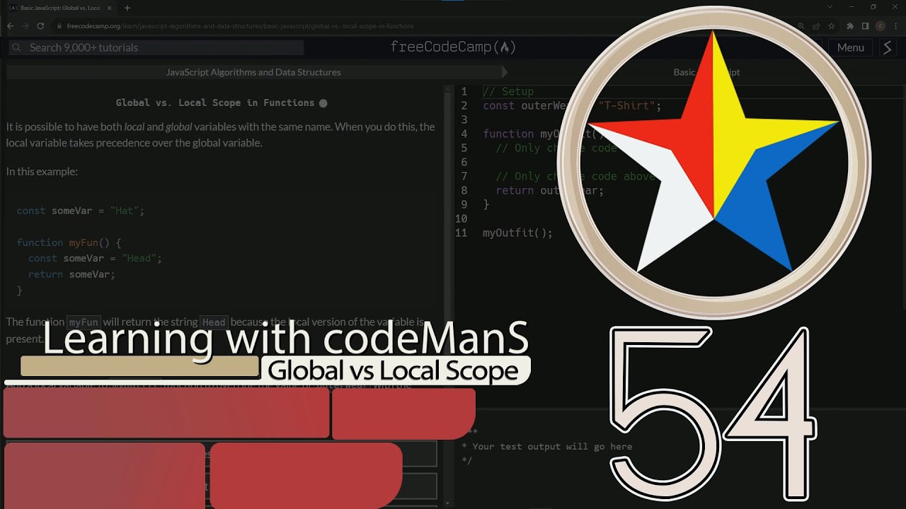 JavaScript Basic 54: Global vs. Local Scope in Functions | FreeCodeCamp | Algos & Data