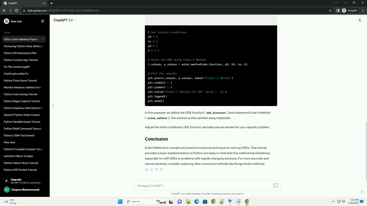 Implementing Euler s Method in python to solve ODE