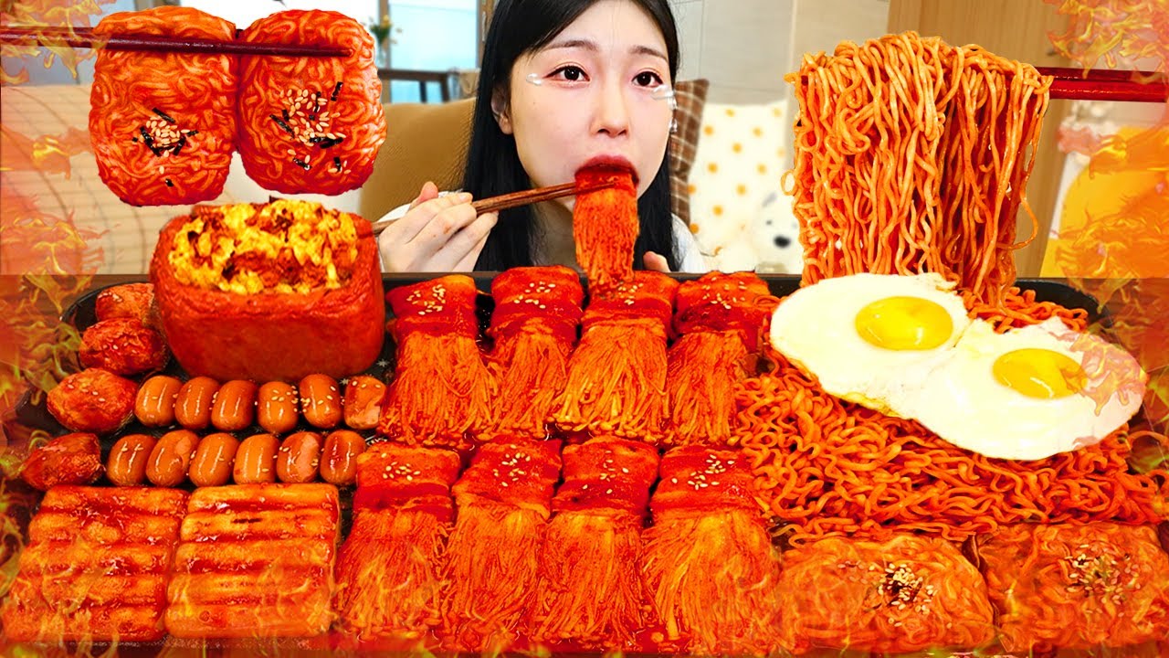 ASMR MUKBANG| Fire spicy Enoki Mushrooms, Fire Noodles, Rice paper Wrap, Whole Spam, Sausage.