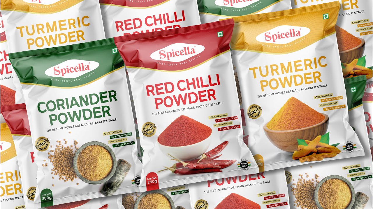 Premium Spices Pillow Pouch Packaging in Illustrator | FMCG Product Packaging Design