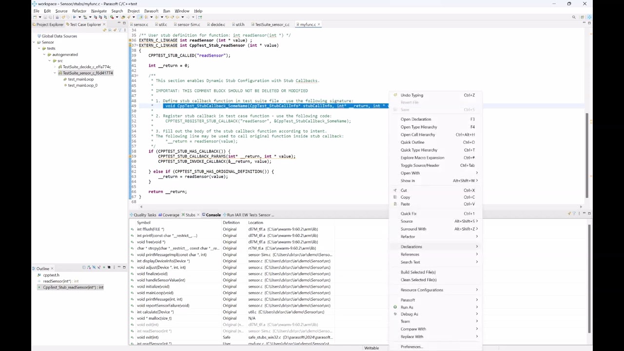 Parasoft C/C++test Stubbing for Code Coverage
