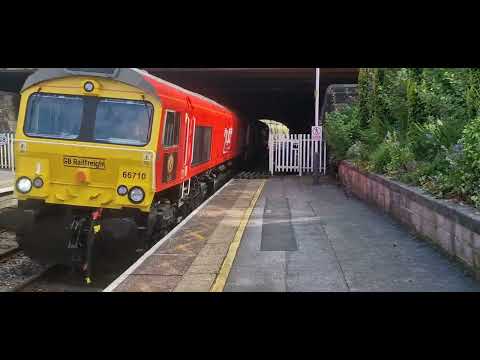 No.66710 & 66719 GB Rail Freight loco's powering through Belper Stn displaying 200th Anniversay Logo