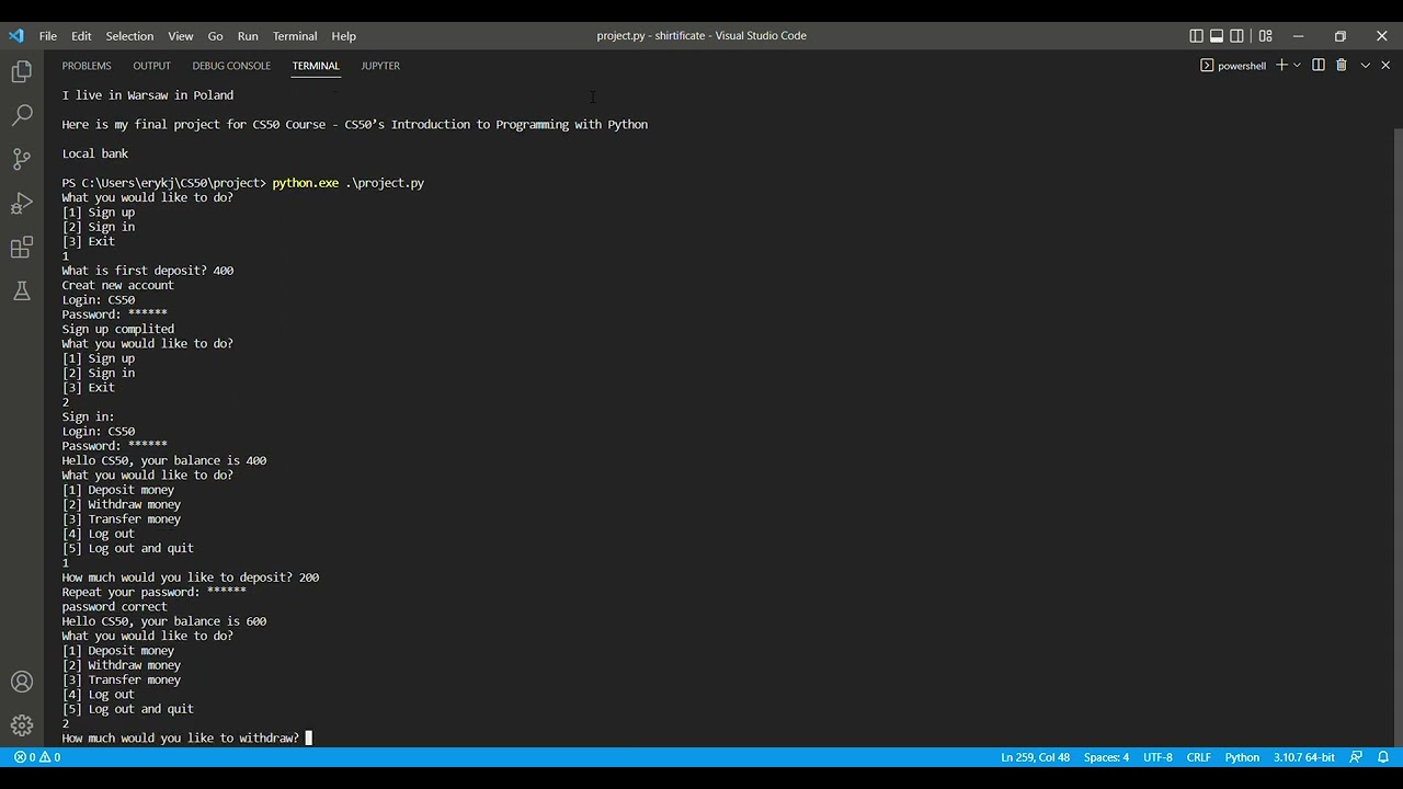 Local bank - final project for CS50’s Introduction to Programming with Python