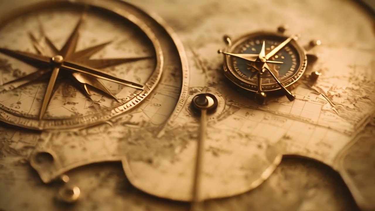 Detailed view of an antique compass resting on a vintage world map, highlighting directional