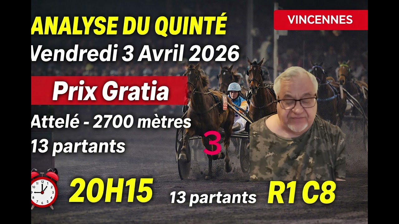 Analysis of the Quinté race on Friday, April 3, 2026 at Vincennes, Prix Gratia, trotting race, 27...