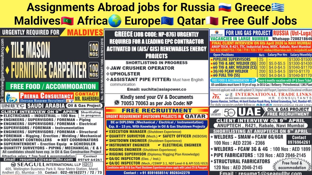 Assignments Abroad jobs for Russia 🇷🇺 Greece🇬🇷 Maldives🇲🇻 Africa🌍 Europe🇪🇺 Qatar🇶🇦 Free Gulf Jobs