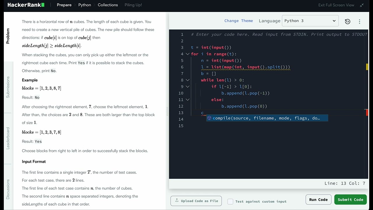 Hackerrank Python Solution #8 Collections - Python: Piling Up!