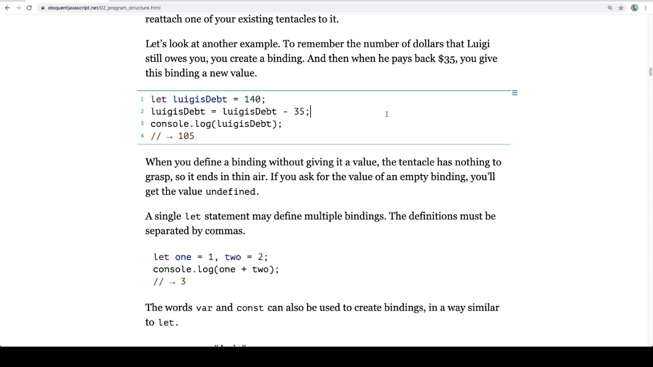 Eloquent JavaScript Read-Along - Program Structure - 002 - Bindings