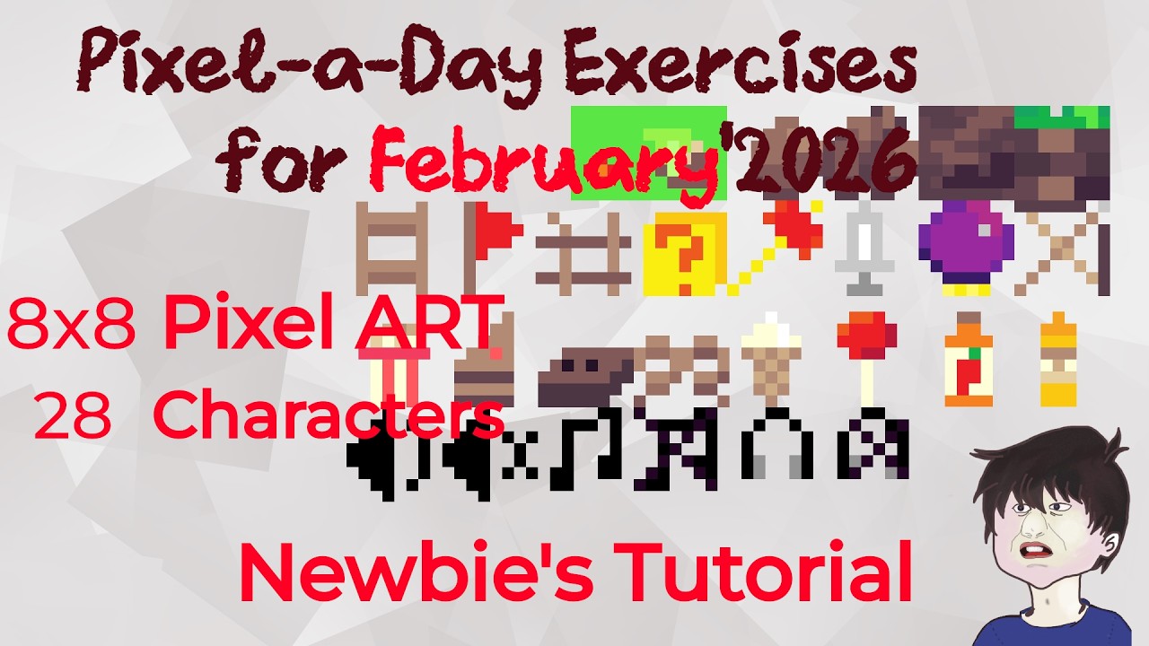28 (8x8) Pixel Art Objects from February 2026 | Newbie's Tutorial | Pixel-a-Day Exercise for Feb'26