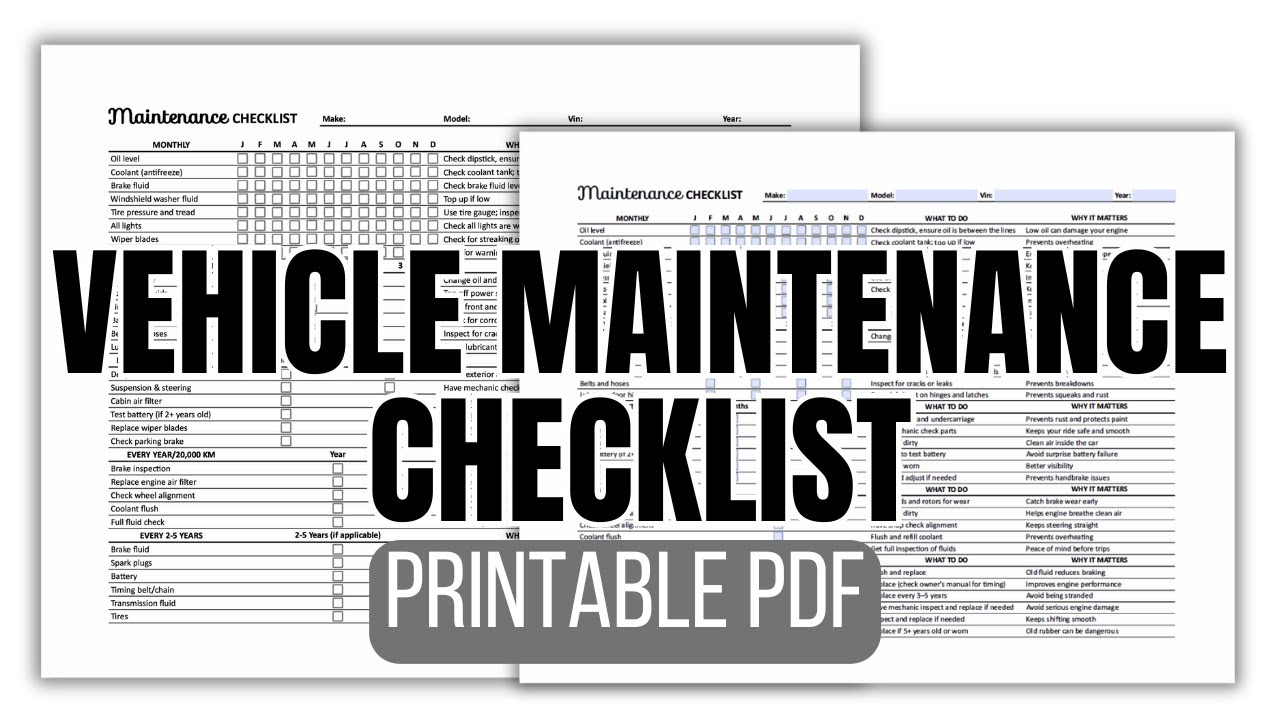 Vehicle Maintenance Checklist Printable (PDF)