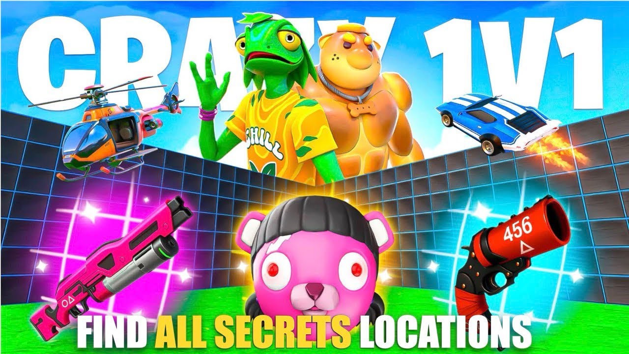 CRAZY 1V1 FFA ALL GUNS & RIDES MAP FORTNITE CREATIVE - ALL SECRETS LOCATIONS (SECRET CODE) PART 13