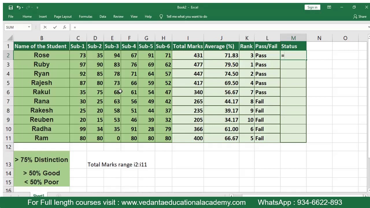 MS Excel - Student Mark Sheet Calculation   Sum, Average, Rank, Grade, Pass Fail, Status