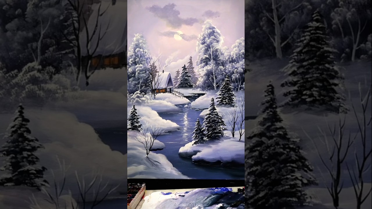 Mesmerizing Winter Cabin Painting ❄️🏡 | Snowy Landscape Speed Art ✨#art #shorts #trending