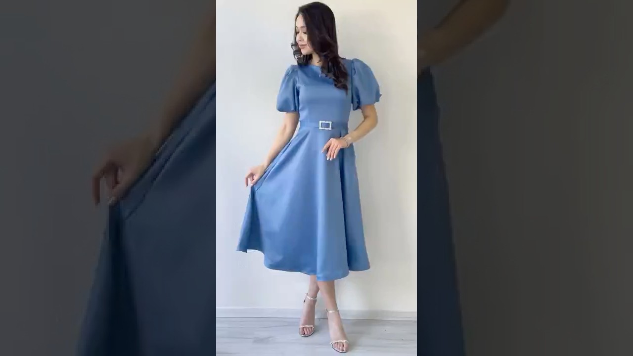 Kadın İndigo Balon Kol Taş Kemerli Midi Boy Saten Abiye Elbise-Women's Indigo Evening Dress