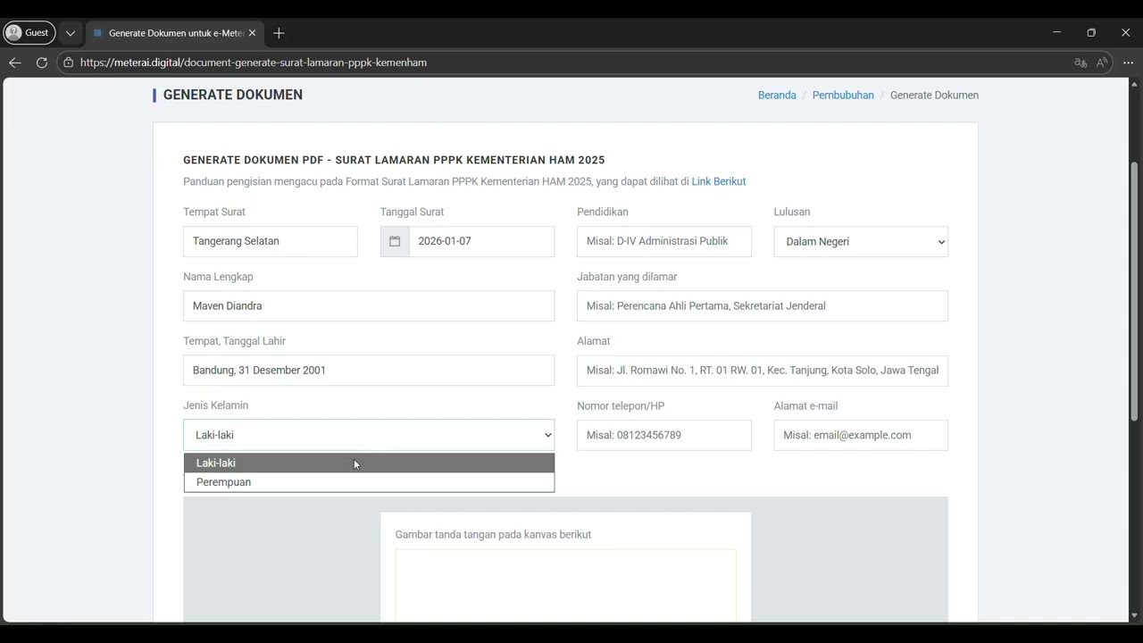 Surat Lamaran PPPK 2026 Otomatis Jadi PDF + e-Meterai (Resmi & Mudah)