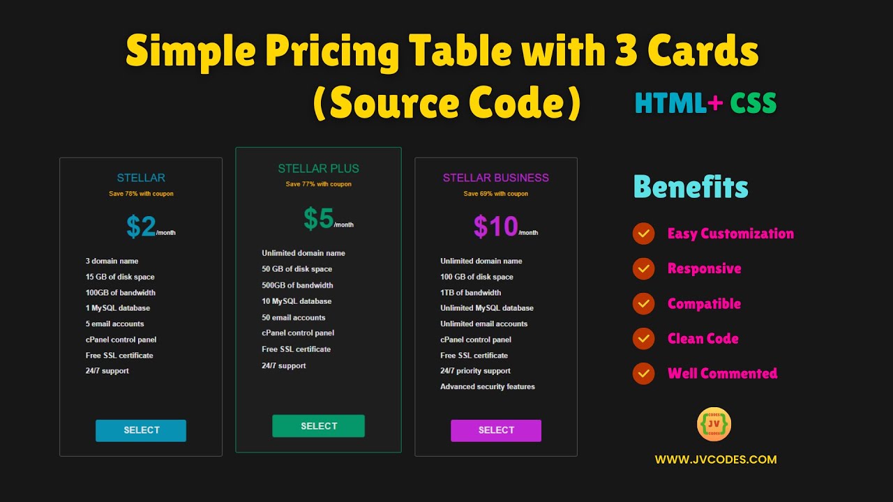 How to Create a Simple Pricing Table with 3 Cards Using HTML and CSS (Free Source Code)