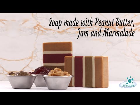Making soap with real peanut butter, jam and marmalade. Cold process soap making breakfast soap.