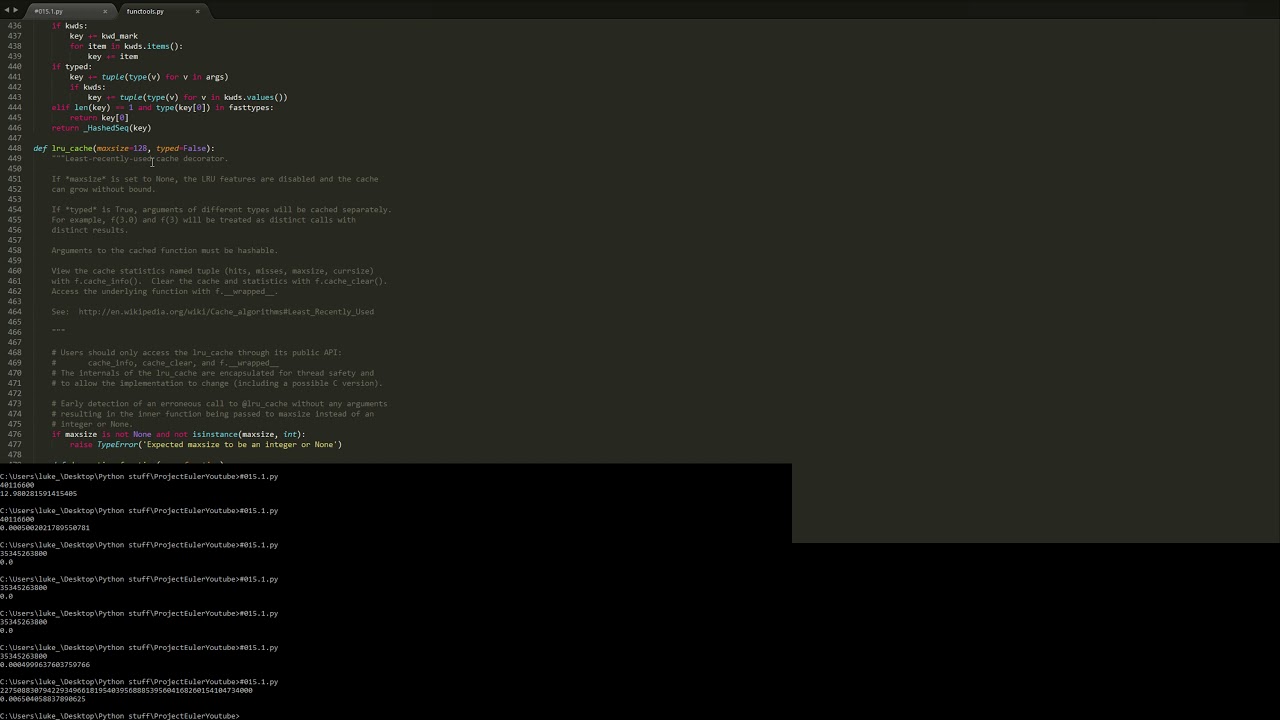 Python Beginner tutorial series using project Euler #15.1 - Lattice paths improved with cache