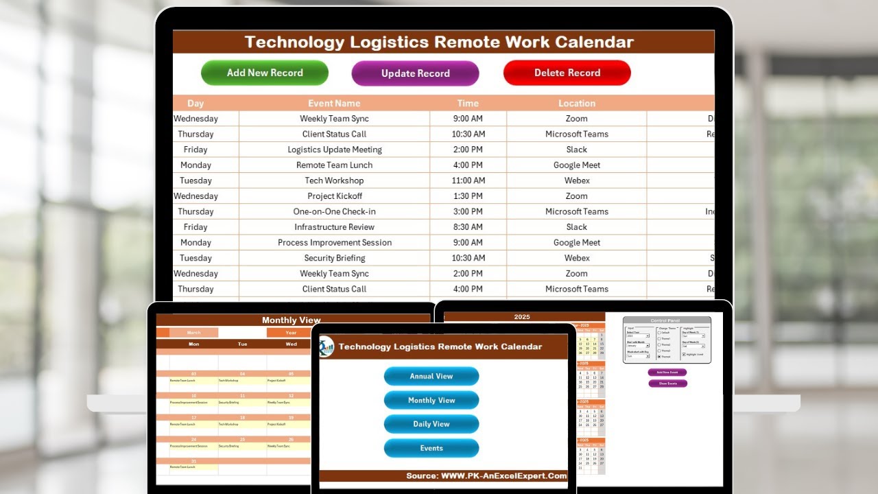 Technology Logistics Remote Work Calendar in Excel