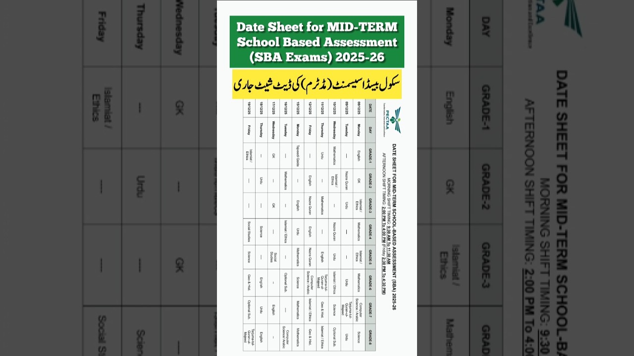Datesheet for MID-TERM Exams 2025 | School Based Assessment | SBA December Tests