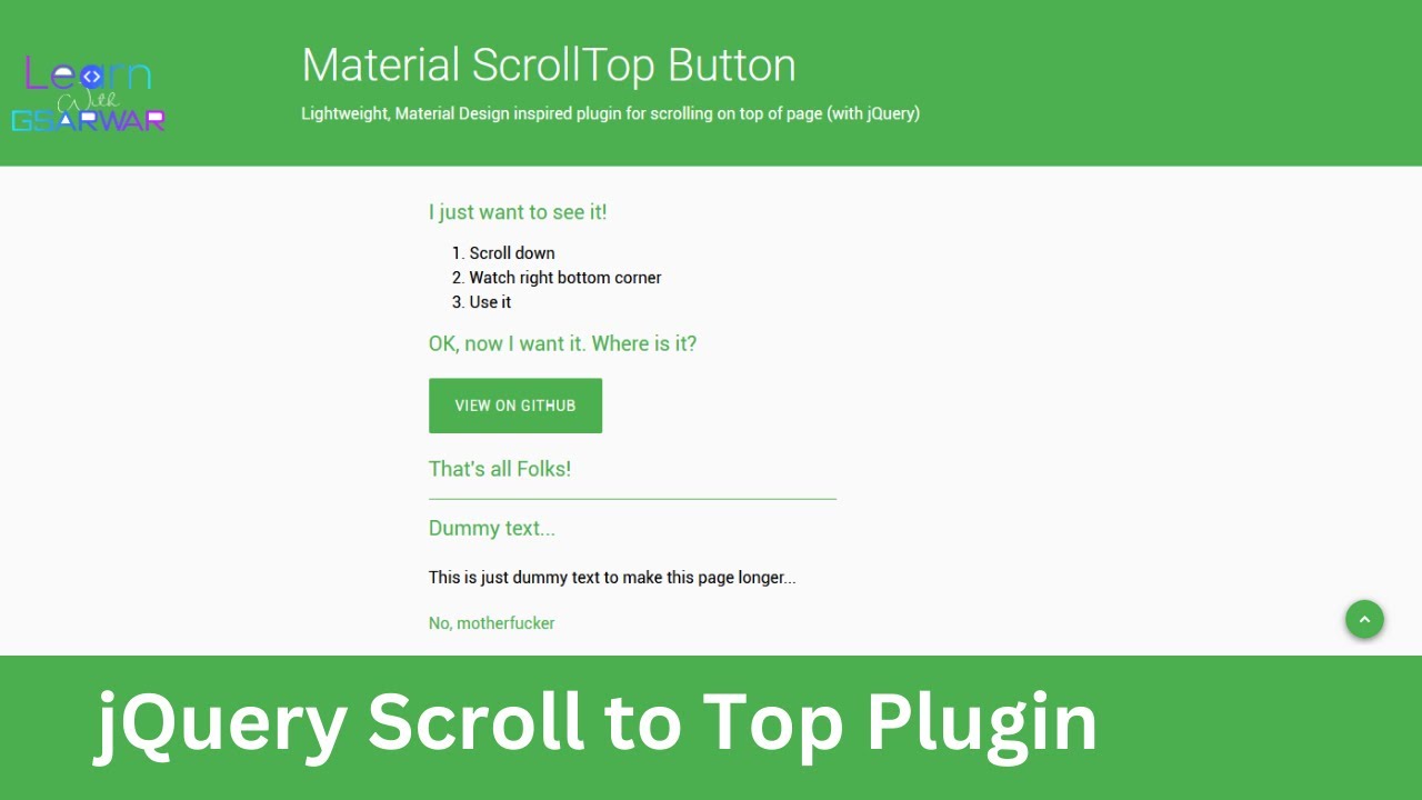 04. jQuery Plugin Tutorial | Material Scroll Top | Learn with Gsarwar