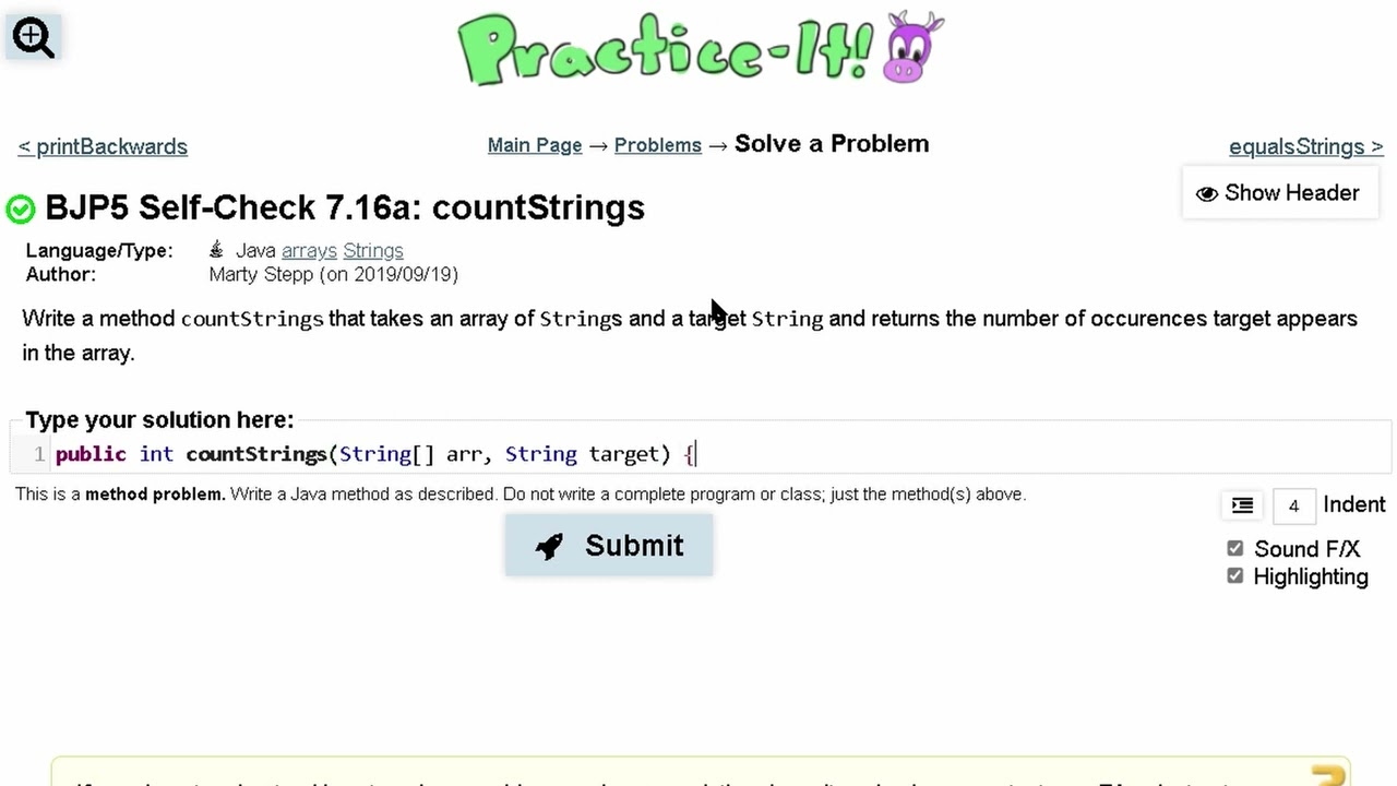 Java Practice It   |   Self-Check 7.16a: countStrings   |   arrays, syntax, array basics