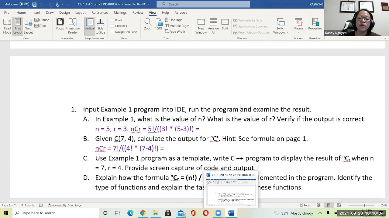 CIS7 Lab 5: Binomial Coefficient in C++