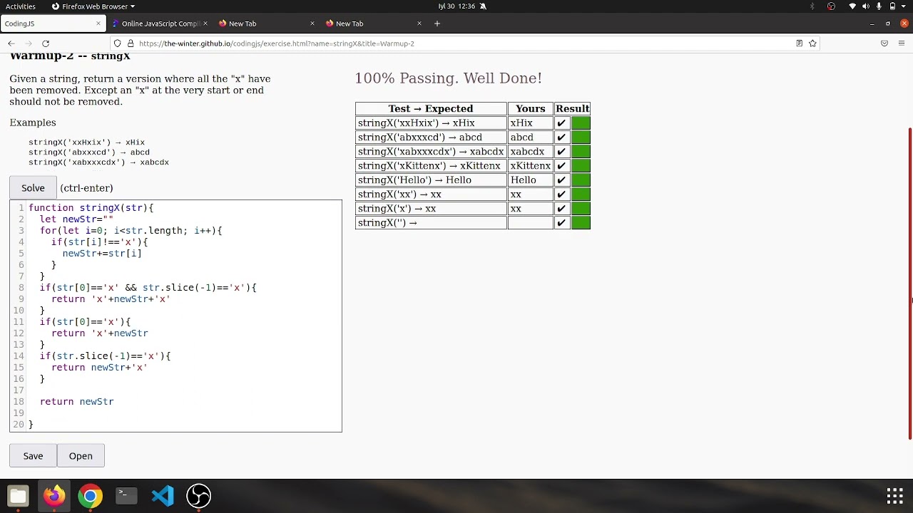 Warmup 2    stringX Javascript solution