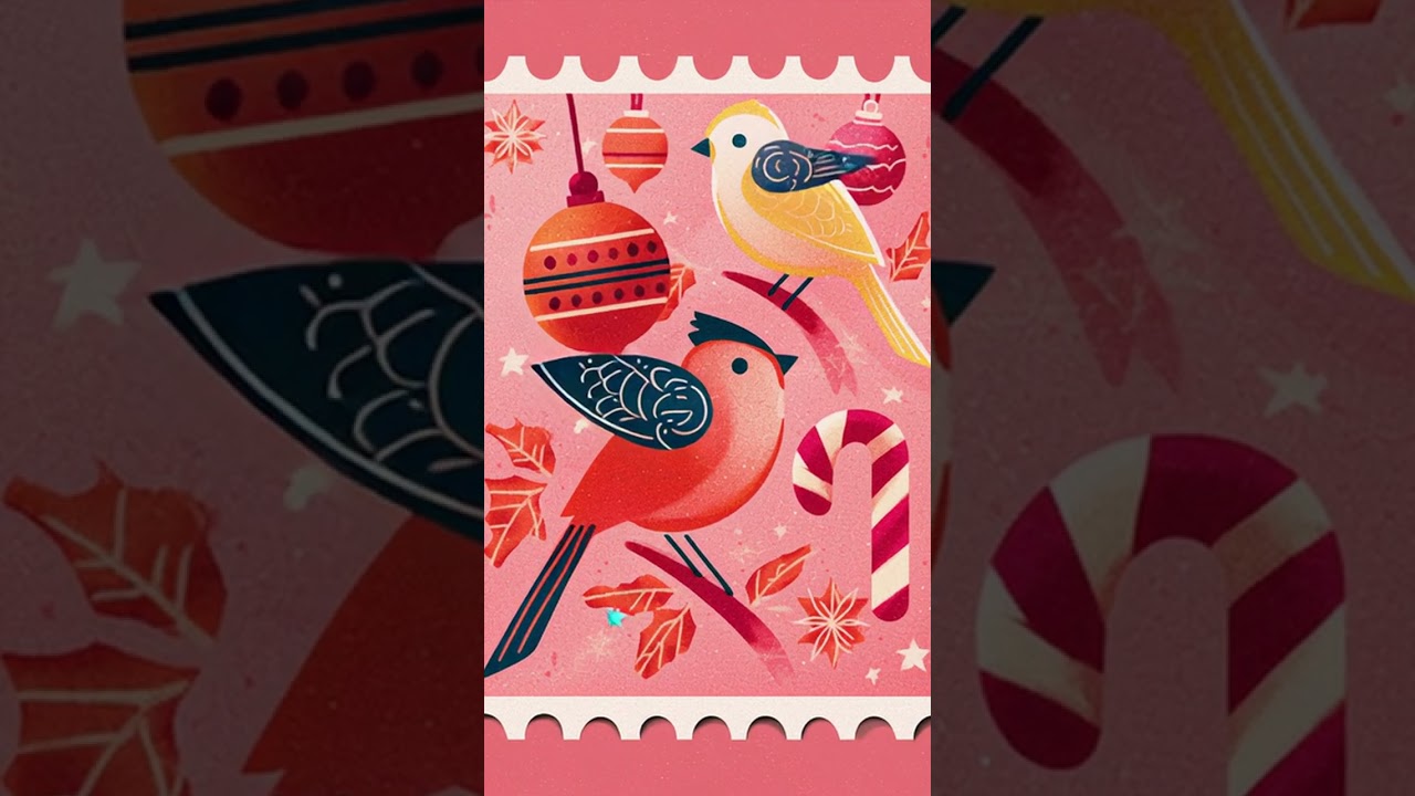 A flat design illustration of a postage stamp with Christmas ornaments, a candy cane, and two bir...
