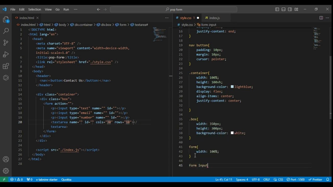 Create pop up form in JS | How to create pop up contact form in html css js