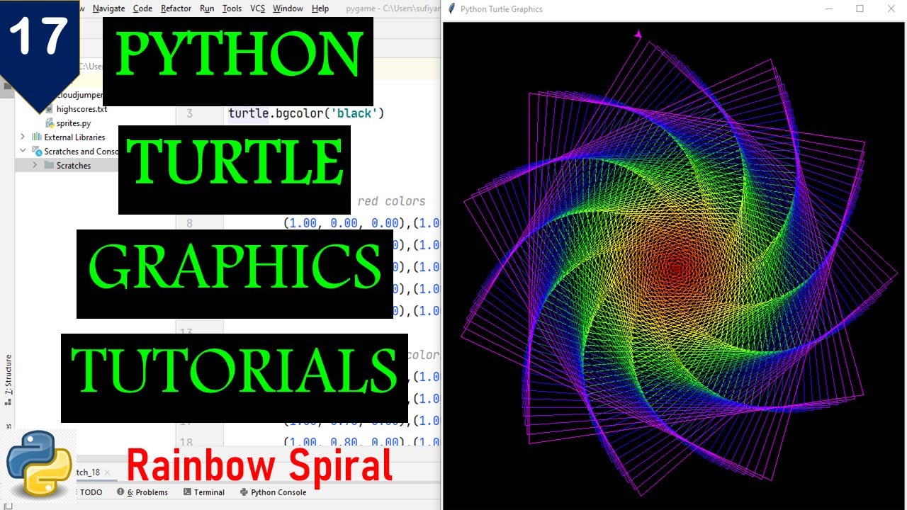 Draw Rainbow Spiral with Python Turtle | Python Turtle Graphics Tutorial#17 | python turtle projects