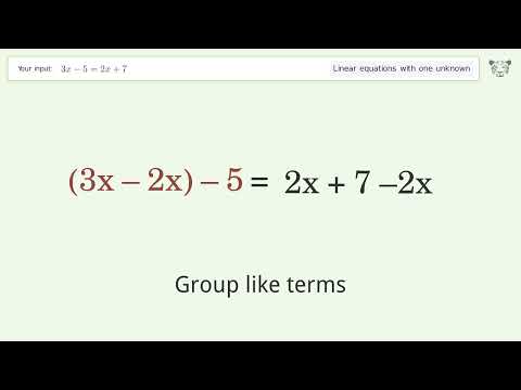 Linear equation with one unknown: Solve 3x-5=2x+7 step-by-step solution