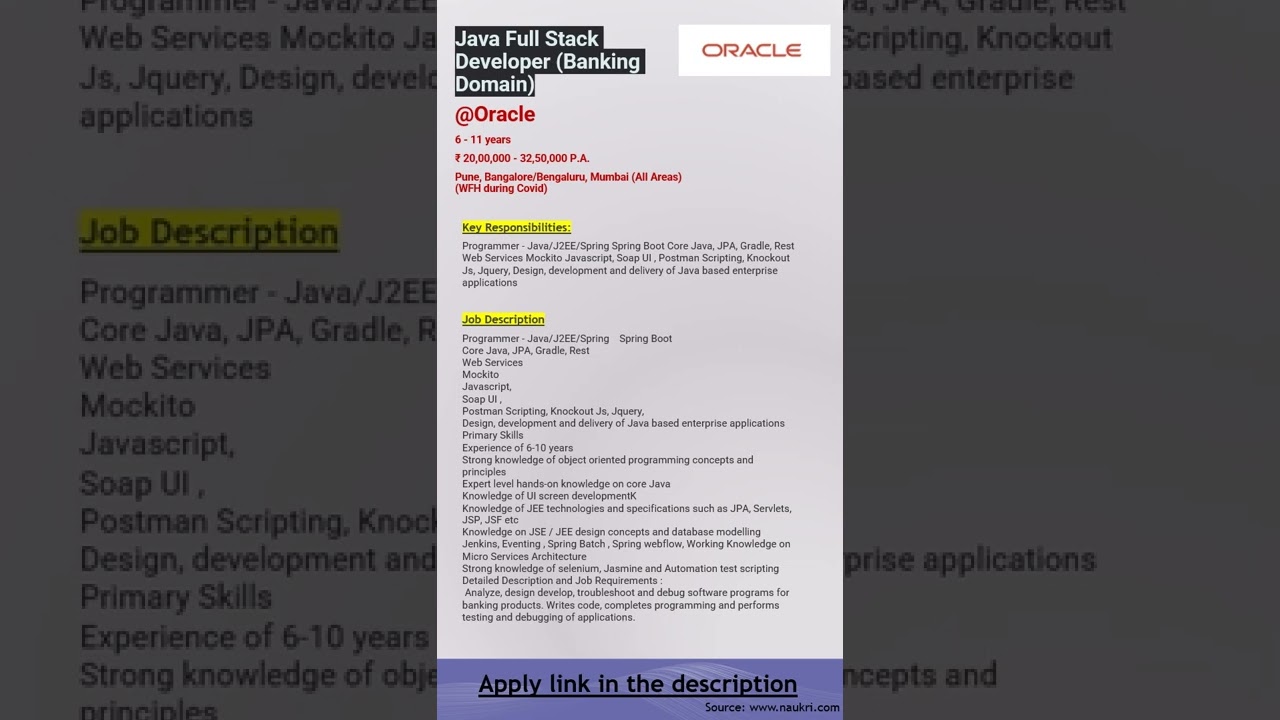 Oracle | Java Full Stack Developer (Banking Domain) | Pune, Bangalore/Bengaluru, Mumbai | 6-11 Years