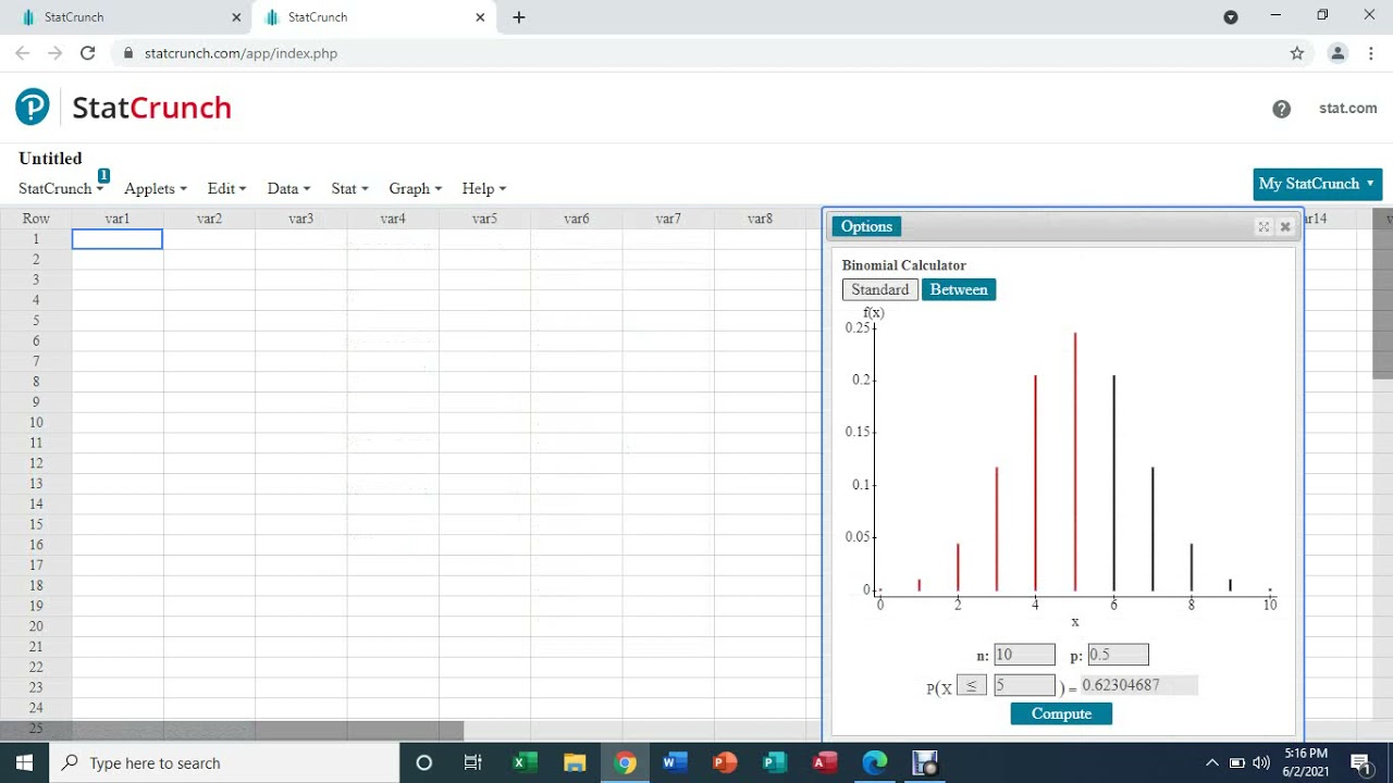 Binomial Distribution on StatCrunch