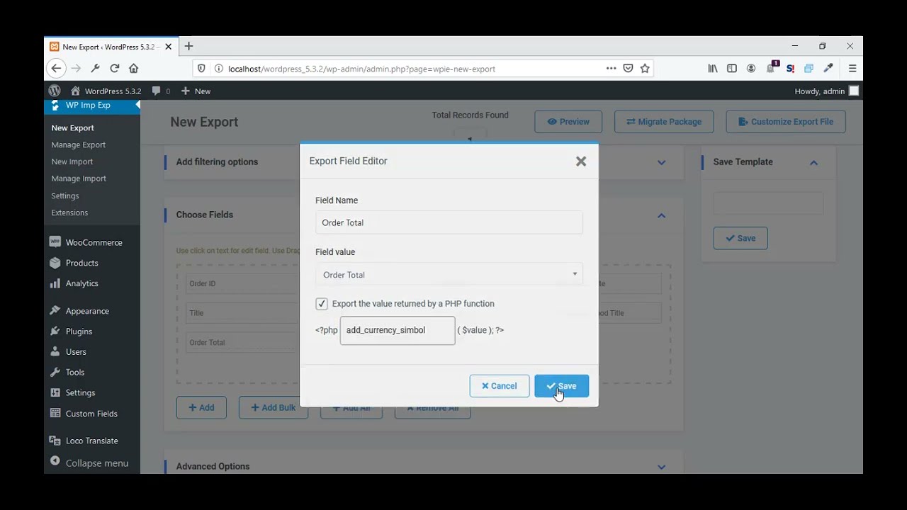 Export the value returned by a PHP function