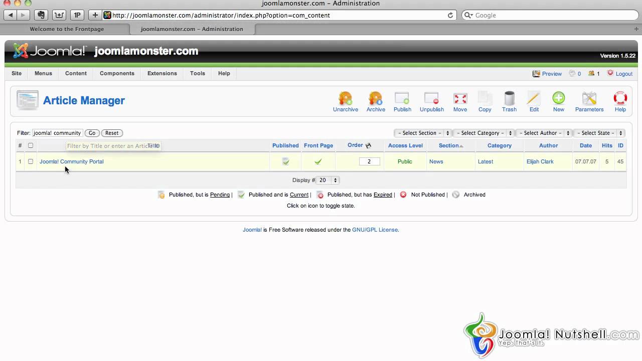 Publishing Controls - Joomla Nutshell 1.5 Tutorial
