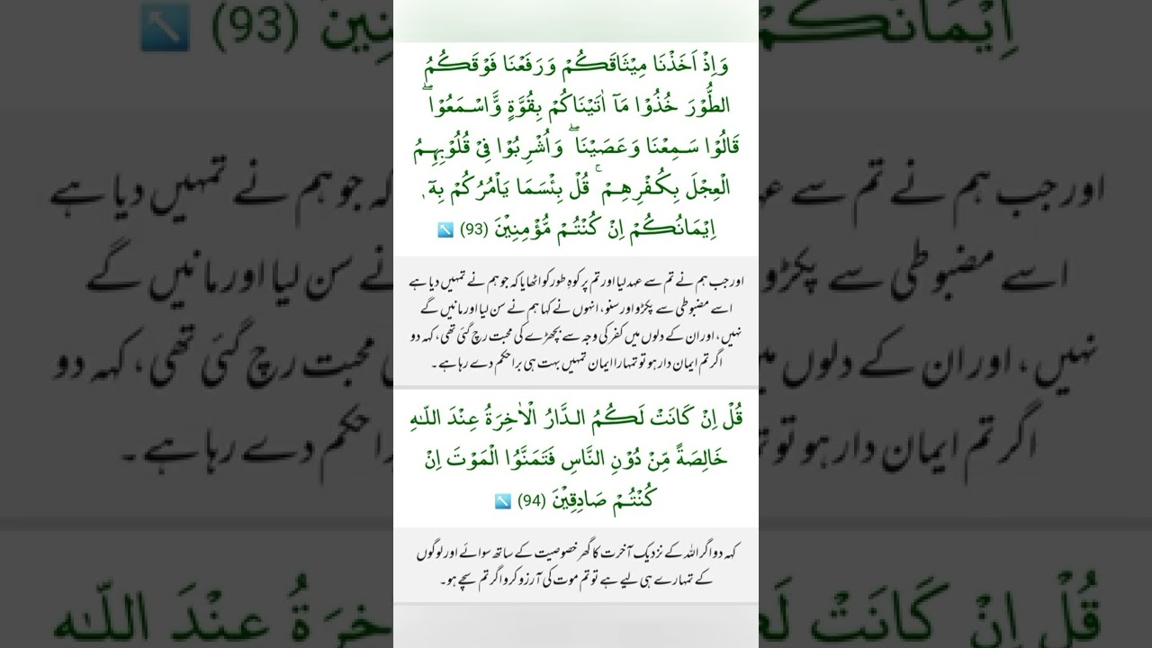Surah al baqarah Ayat 93 to 94 With Urdu translation