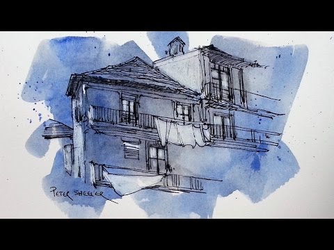Pen and Soluble Ink Sketching on Painted Paper. Adding White Highlghts. Peter Sheeler