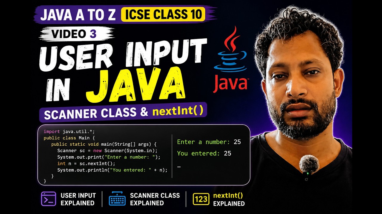 Video 3 – Java A to Z ICSE | User Input in Java using Scanner & nextInt() | Beginner Friendly