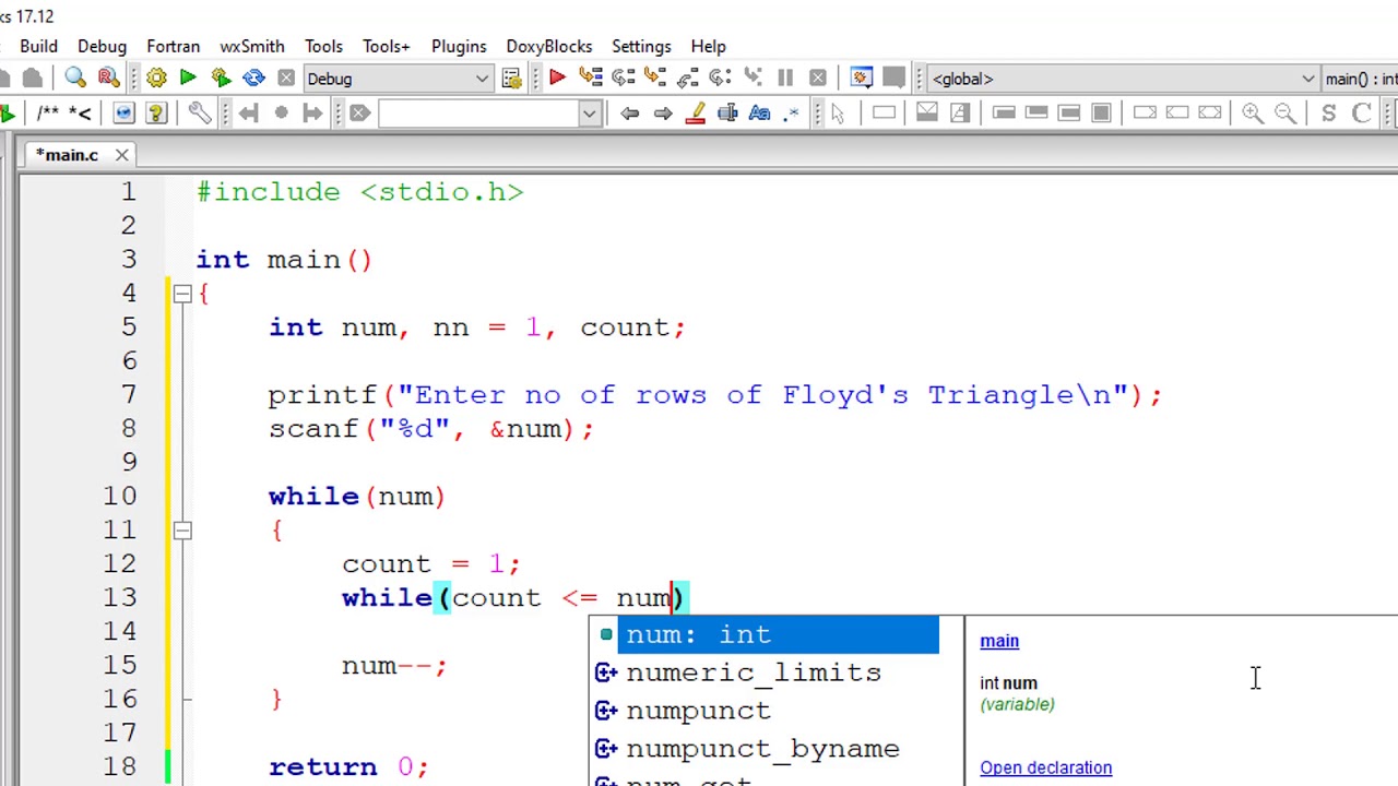 C Program To Print Floyd's Triangle In Reverse