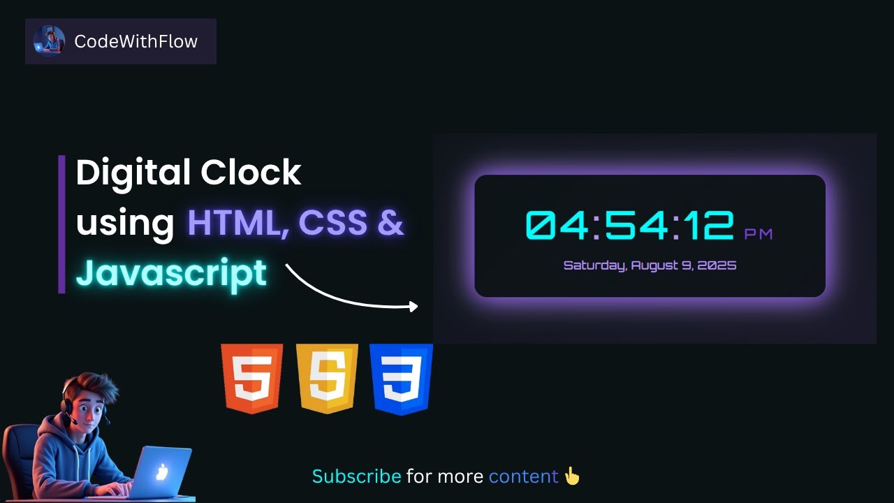 Build a Digital Clock Using HTML, CSS & JavaScript | Beginner JavaScript Tutorial #coding