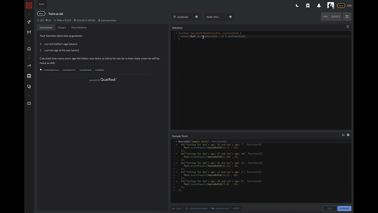 Codewars JS Solution - Twice as old - 8kyu