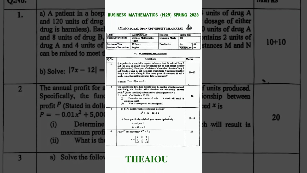 Business Mathematics (1429) Past paper | #1429 #1429pastpaper #1429guesspaper