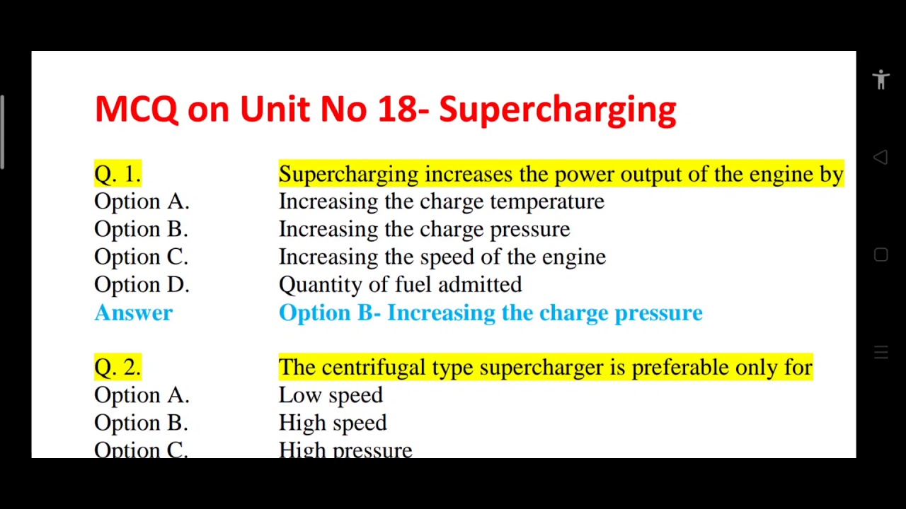 18. Multiple Choice Questions (MCQ) on Unit No 18- Supercharging for I C Engines.