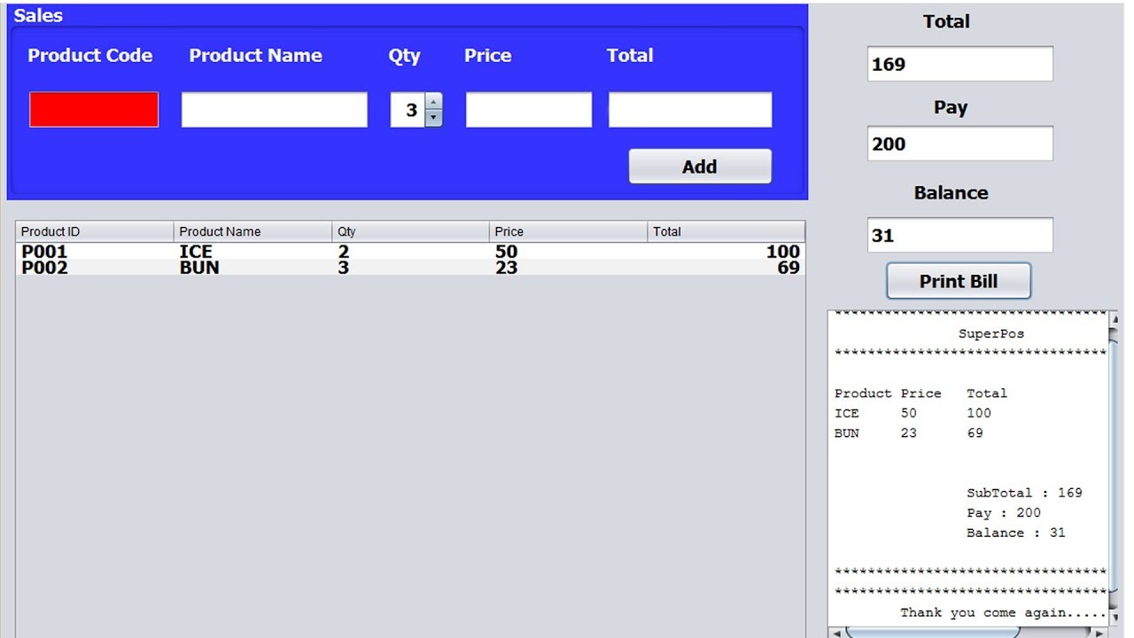 Simple Pos with Bill Print Using Java and Mysql