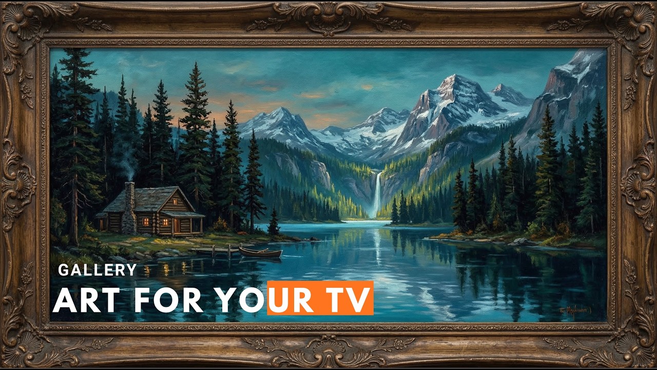 Calm Mountain Lake Cabin with Waterfall Reflection 4K | Framed Art TV Screensaver